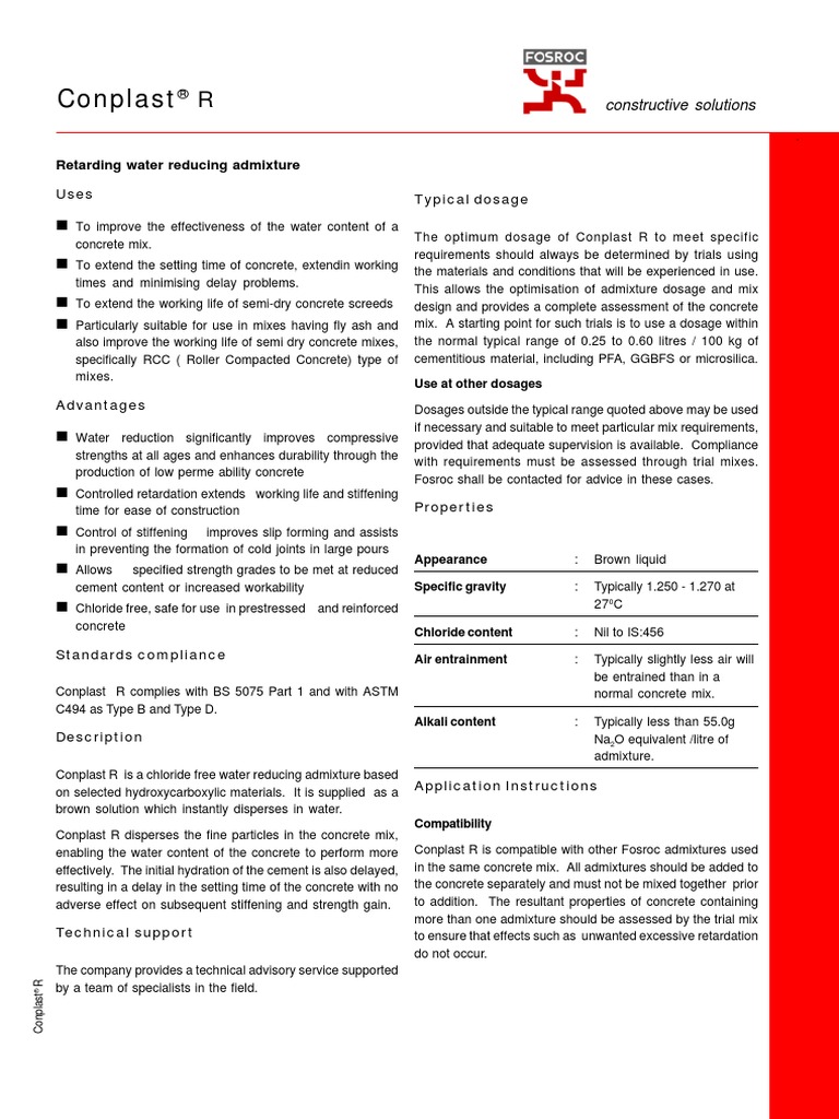 Conplast: Retarding Water Reducing Admixture | PDF | Concrete | Manmade ...