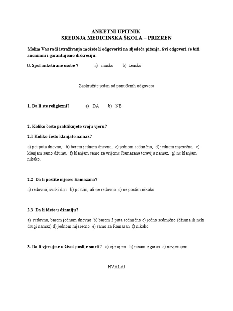 ANKETNI UPITNIK Srednja Medicinska Skola | PDF