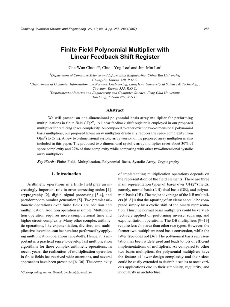 Finite Field Polynomial Multiplier With Linear Feedback Shift Register ...