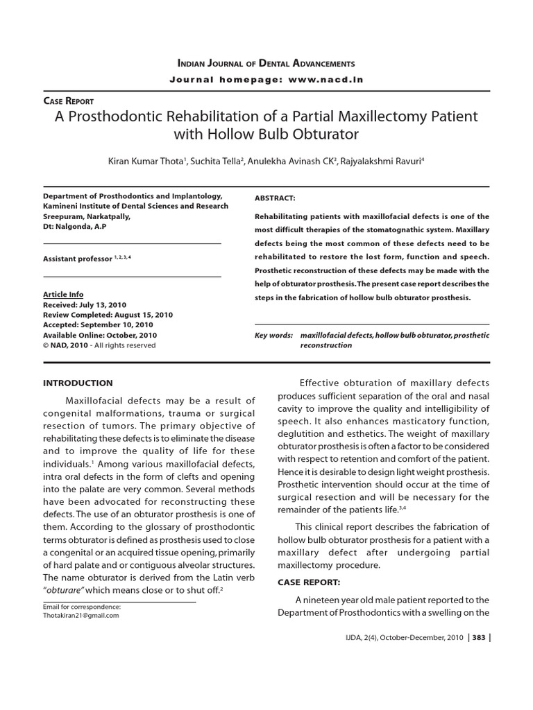 A Prosthodontic Rehabilitation of A Partial Maxillectomy Patient With ...