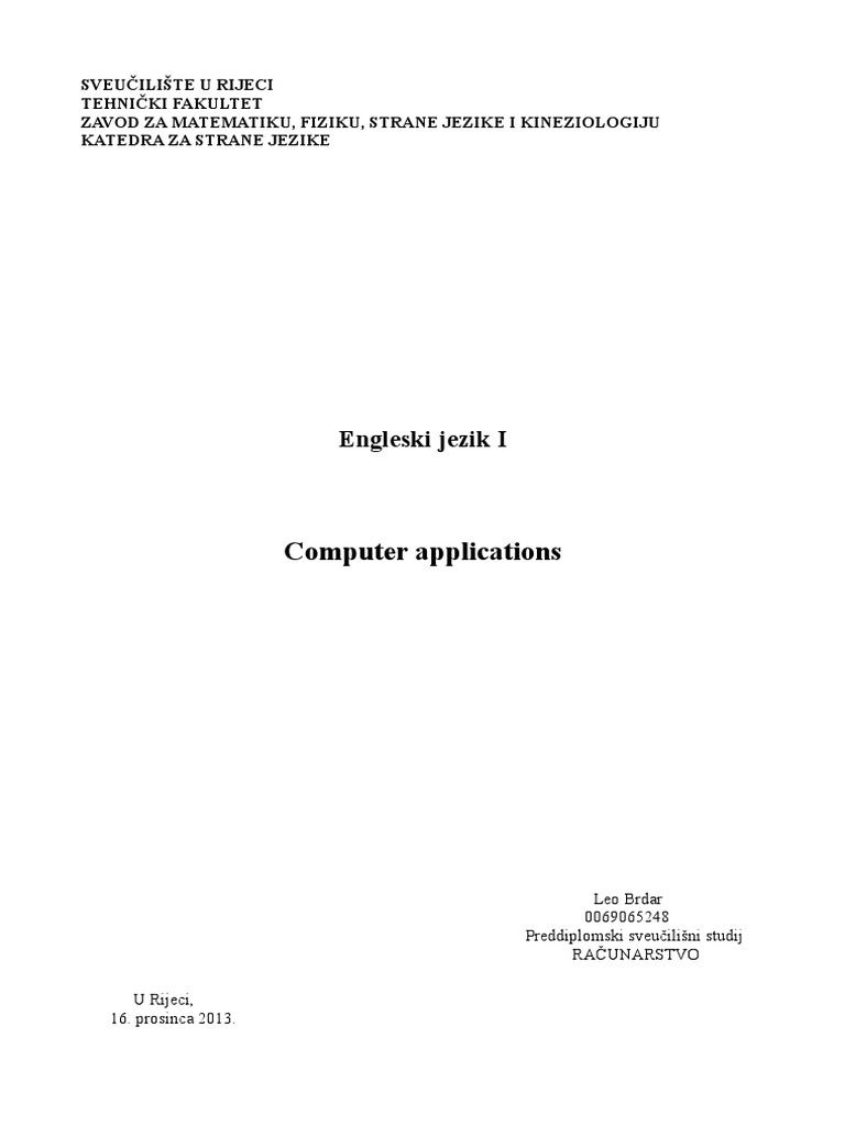 Computer Applications: Engleski Jezik I | PDF | Computing And ...