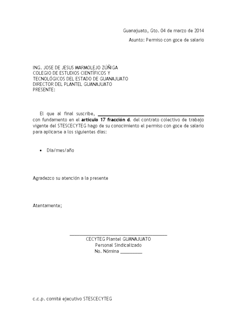 Formato Permiso Con Goce de Salario | PDF