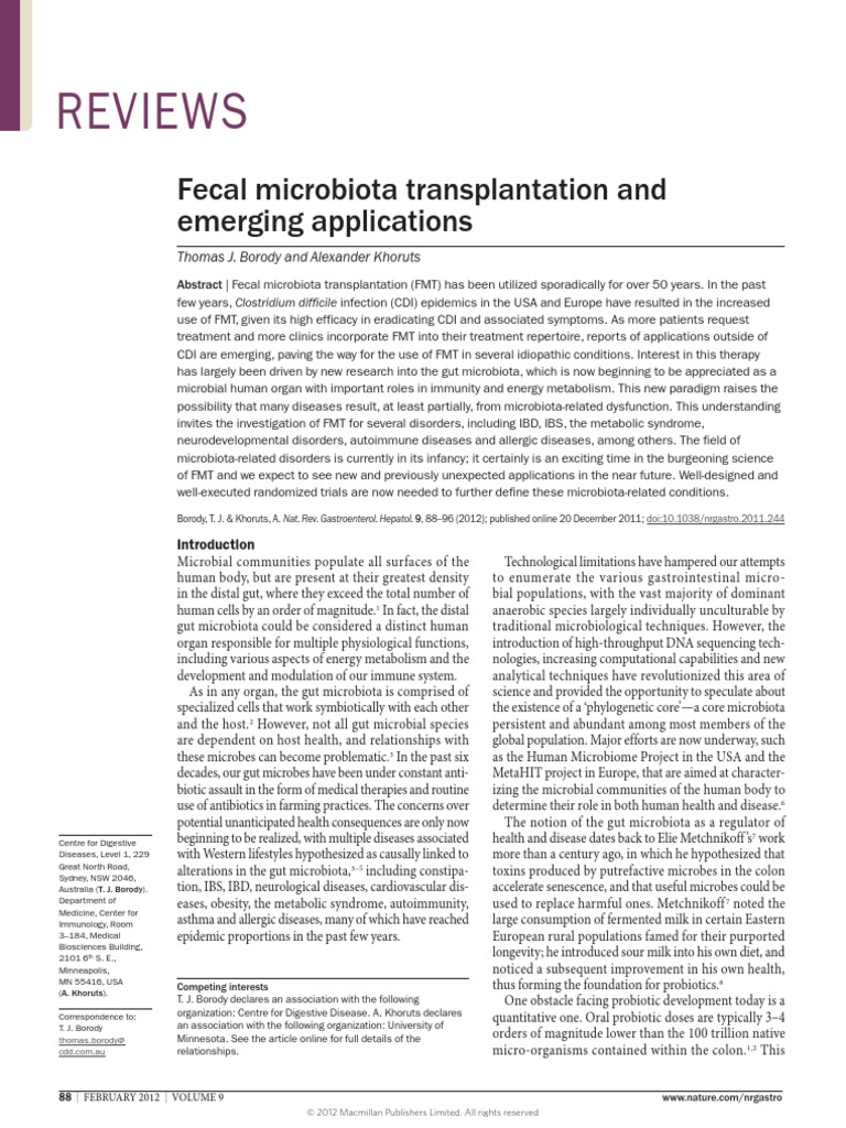 Fecal Microbiota Transplantation and Emerging Applications | PDF | Gut Flora | Inflammatory ...