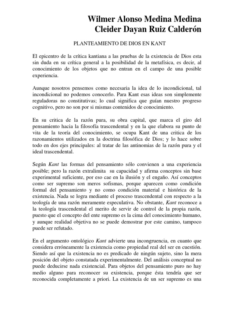 Crítica de Kant a la existencia de Dios | PDF | Immanuel Kant | Existencia