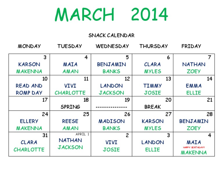 March 2014 Snack Calendar | PDF | Mystery, Thriller & Crime Fiction