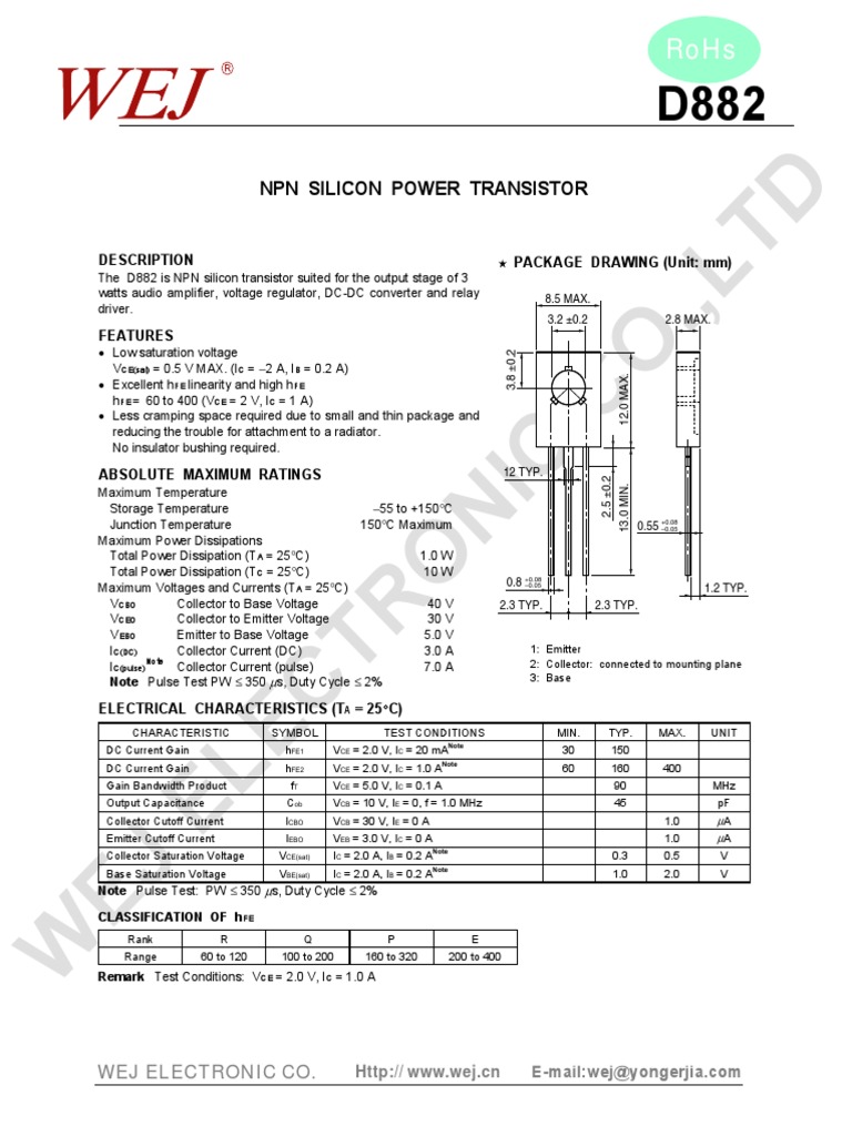 D882 NPN Transistor Datasheet | PDF | Bipolar Junction Transistor | Electrical Equipment