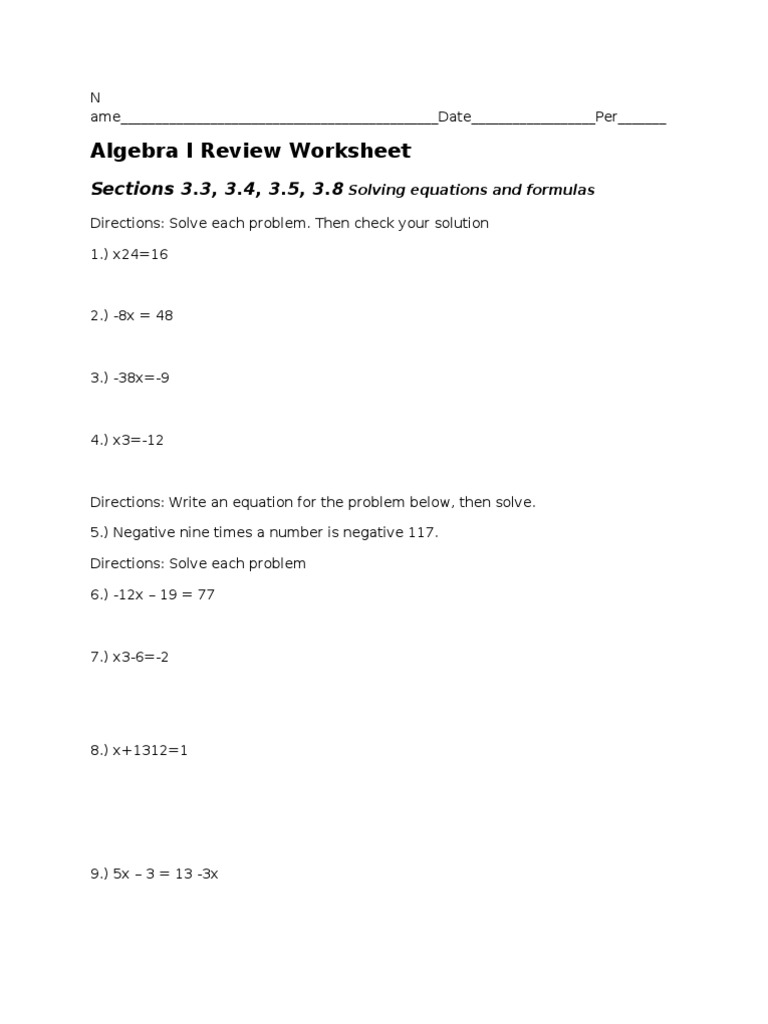 Algebra I Review Worksheet: Sections 3.3, 3.4, 3.5, 3.8 | PDF ...