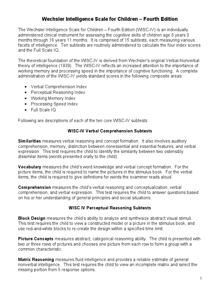 WISC-IV Subtest Descriptions | Intelligence | Wechsler Adult ...