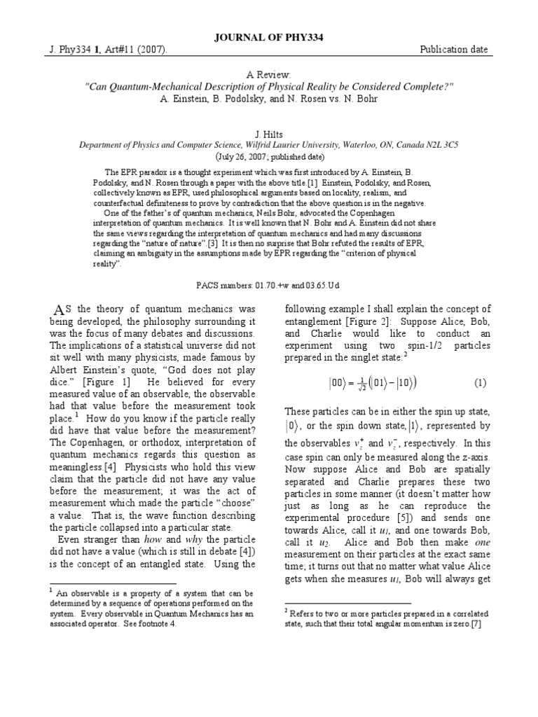 The Nature of Quantum Mechanics: The EPR Paradox and Bohrs Response ...