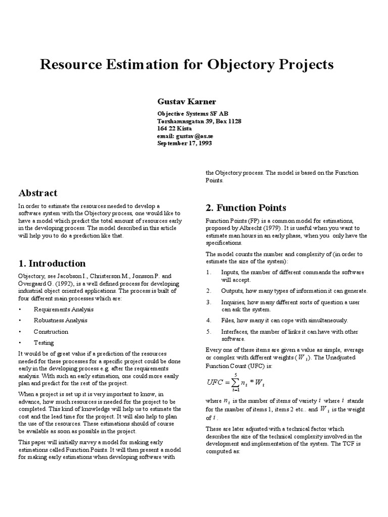 Estimating Resource Needs for Objectory Projects Using Use Case Points | PDF | Areas Of Computer ...