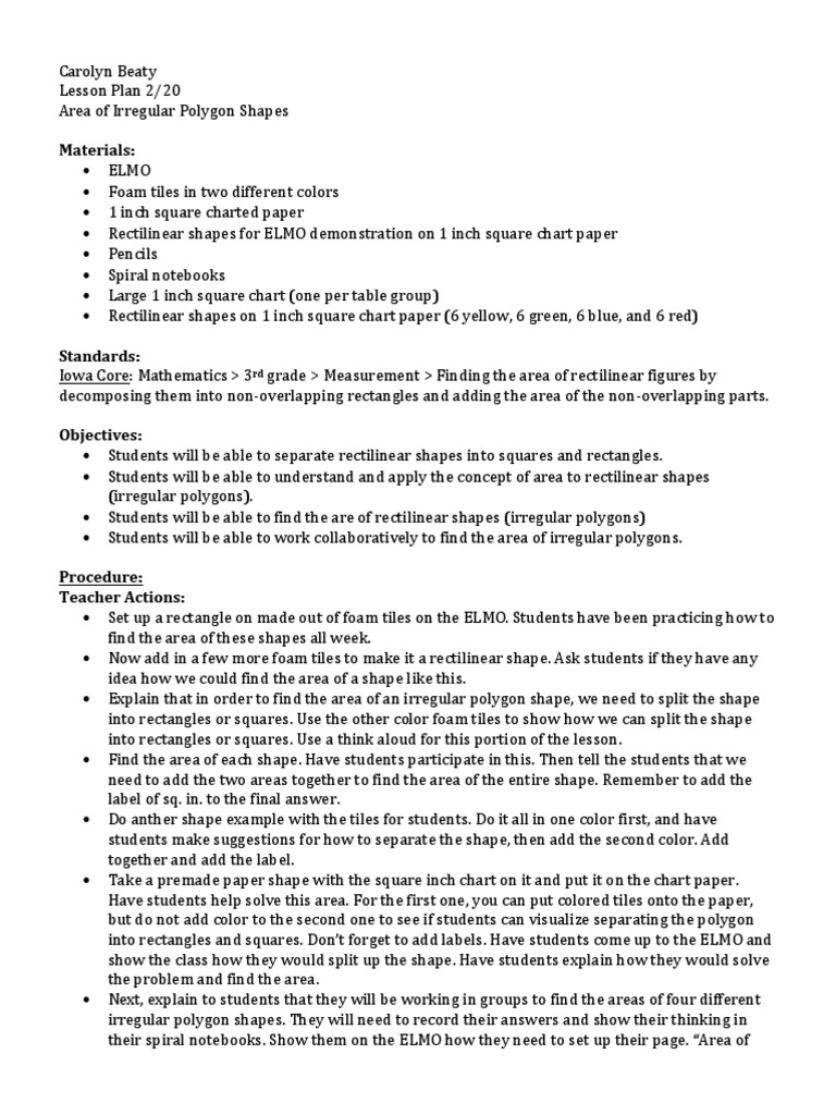 Area of Irregular Polygons Lesson | PDF | Thought | Shape