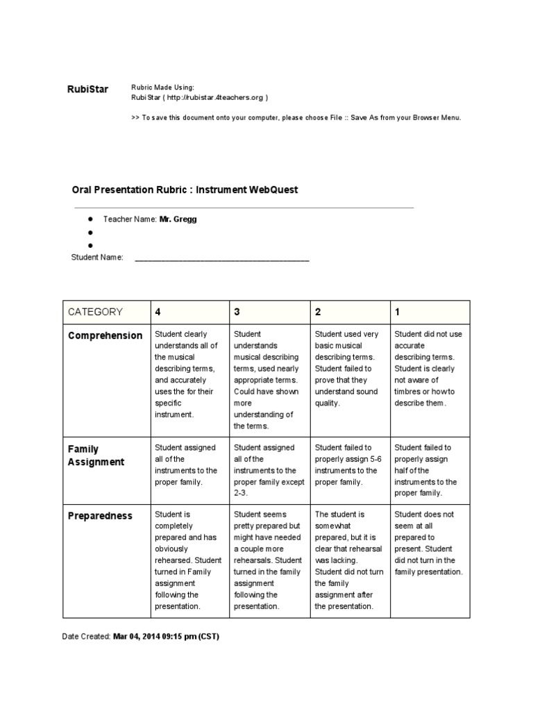 Music Presentation Grading Rubric | PDF