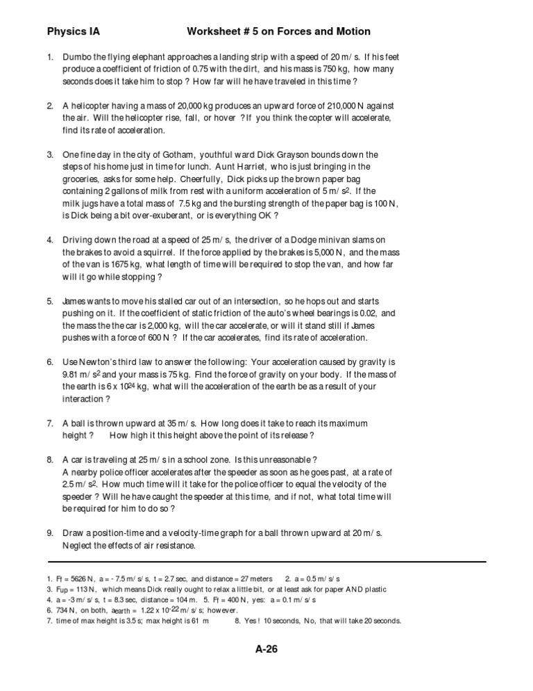 Forces and Motion Worksheet Answers | PDF | Gravity | Acceleration
