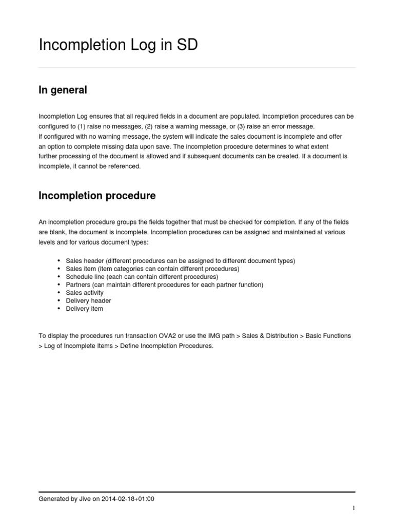 Incompletion Log in SD | PDF | Delivery (Commerce) | Subroutine