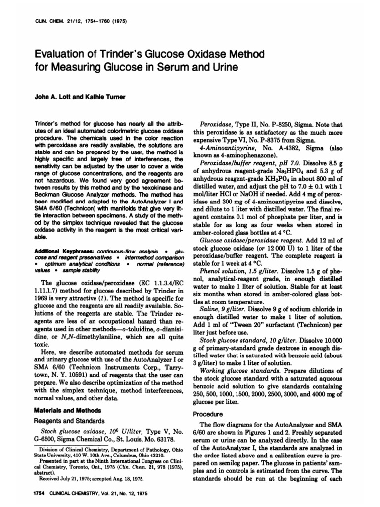 Lott 1975 Evaluation of Trinder's Glucose Oxidase Method For Measuring ...