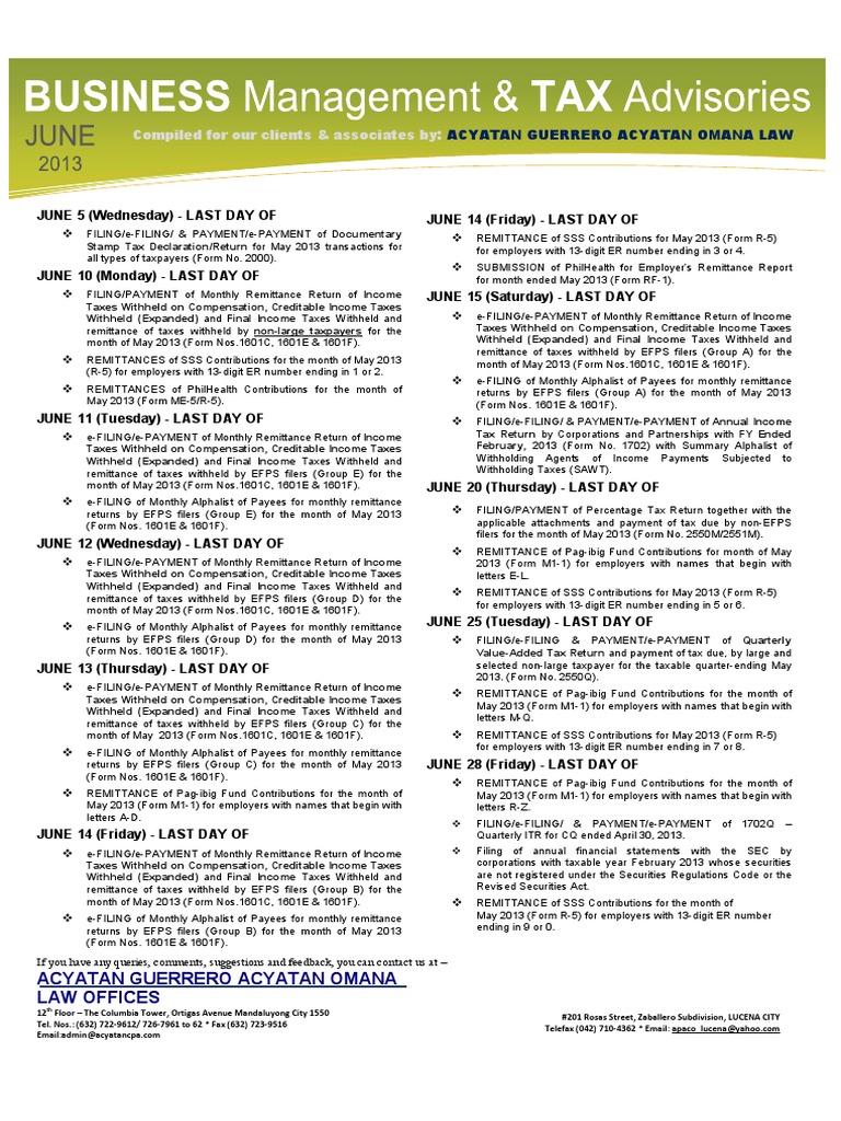 JUNE 2013 Tax Reminder | PDF | Tax Return (United States) | Withholding Tax