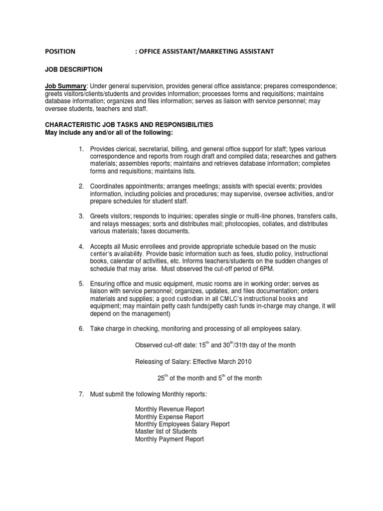 Office Assistant/Marketing Assistant Role | PDF | Employment | Business