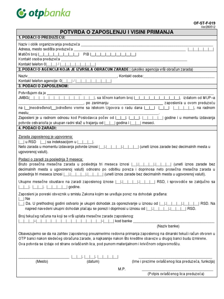 Potvrda o Zaposlenju I Visini Primanja | PDF