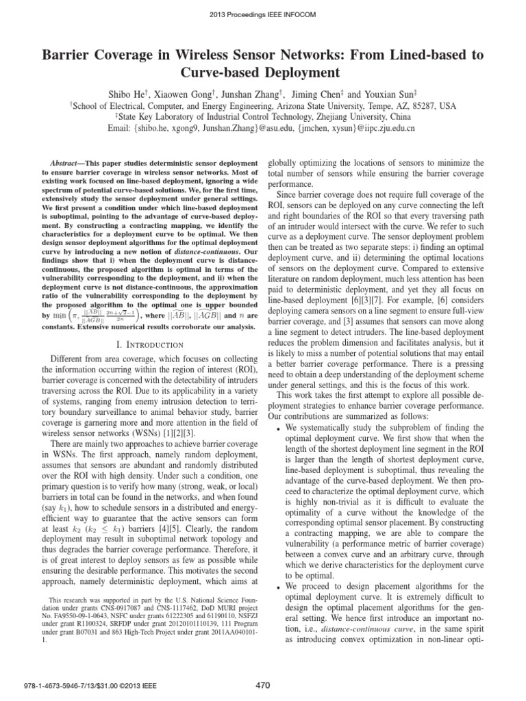 Barrier Coverage In Wireless Sensor Networks From Lined Based To Curve Based Deployment Pdf