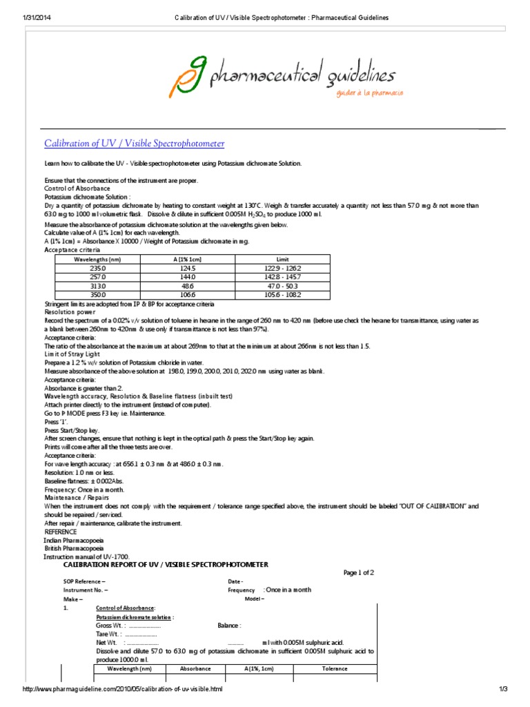 Calibration of UV - Visible Spectrophotometer - Pharmaceutical ...