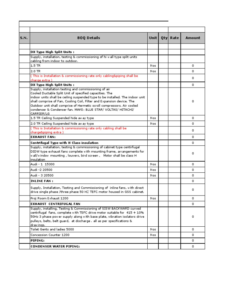 BOQ Formate For CA | PDF | Duct (Flow) | Sheet Metal
