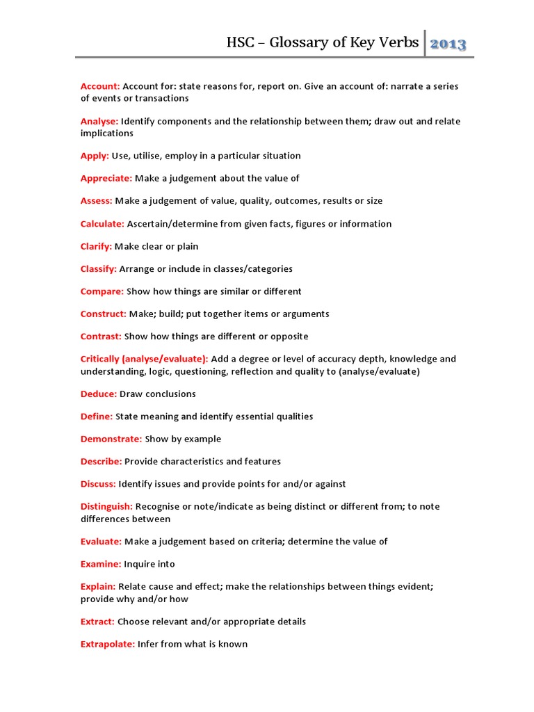 HSC - Glossary of Key Verbs | PDF