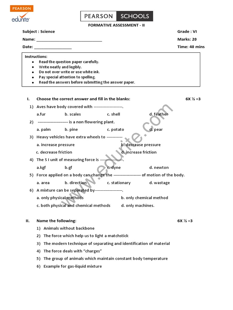 Class 6 Cbse Science Question Paper Fa 2 | Force | Friction
