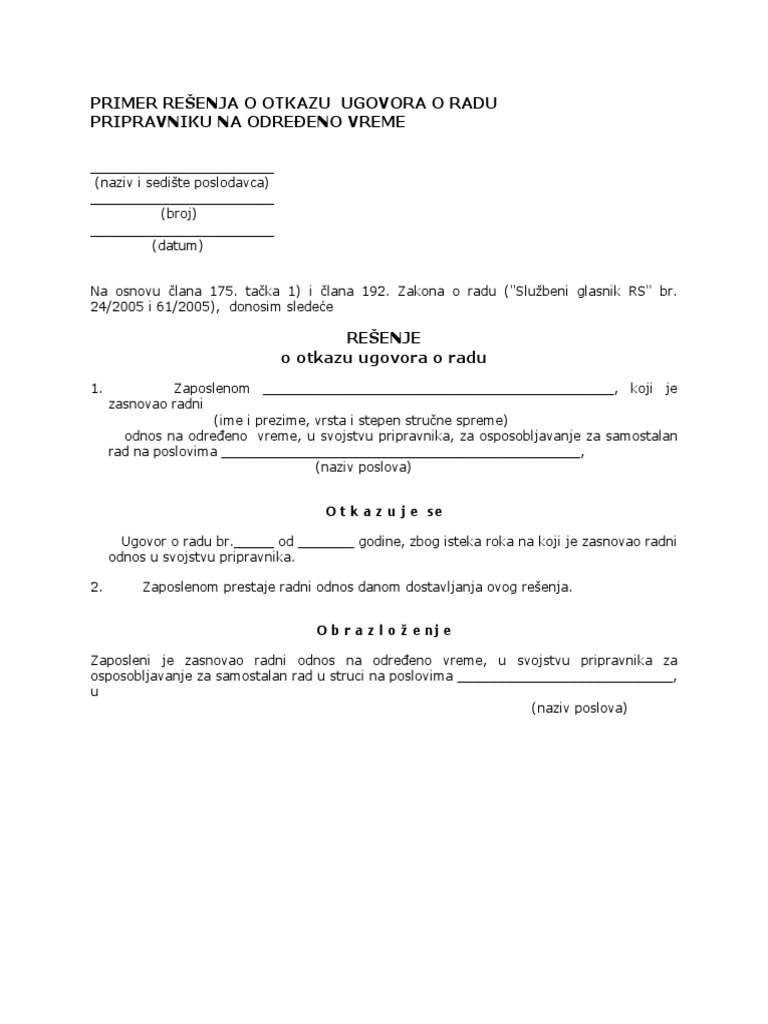 Primer Rešenja o Otkazu | PDF