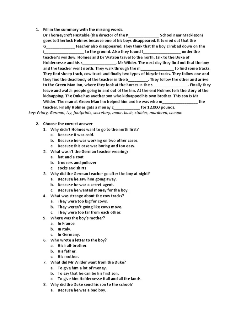 Holmes and Duke's Son - Reading Comprehension | PDF | Sherlock Holmes ...
