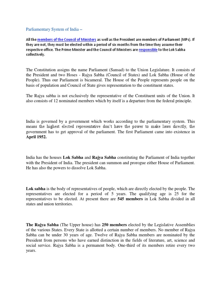 Parliamentary System of India | PDF | Member Of Parliament | Government ...