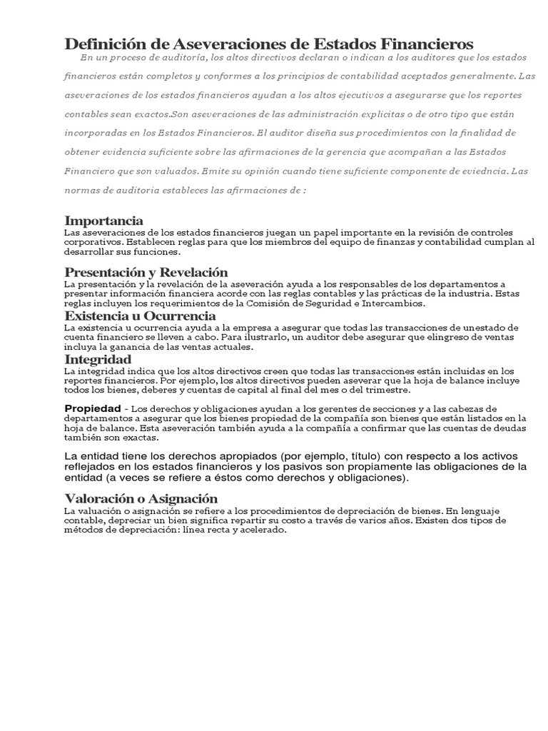 Definición de Aseveraciones de Estados Financieros | PDF | Contabilidad ...