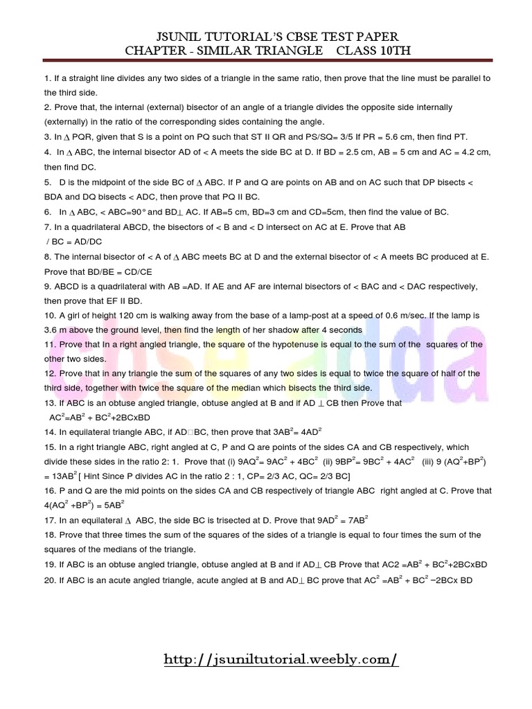 10th Maths Cbse Test Paper Chapter - Similar Triangle Class 10th | PDF ...