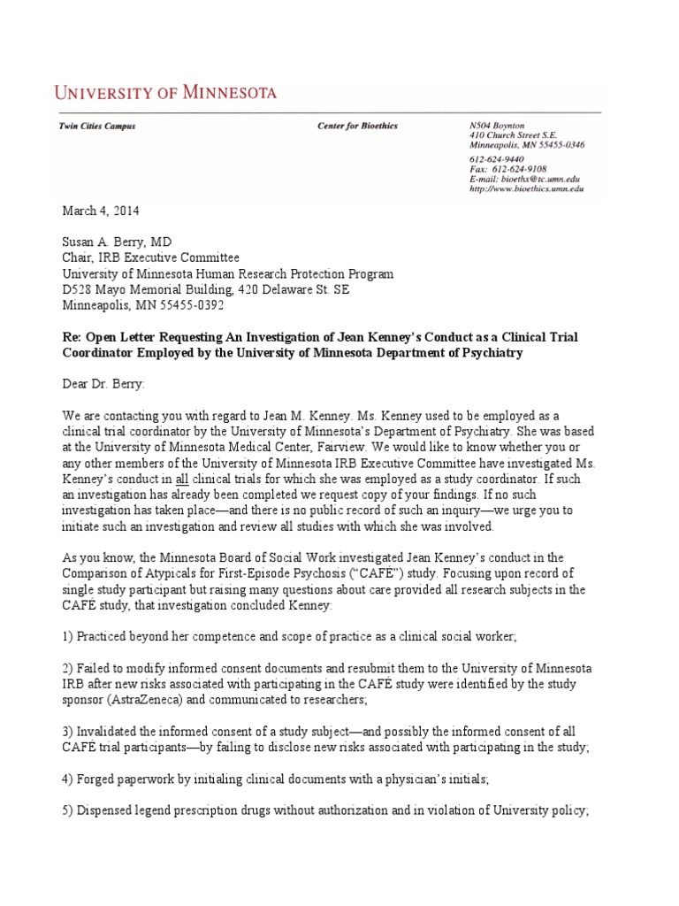 Letter To Dr. Susan Berry of IRB From Leigh Turner and Carl Elliott ...