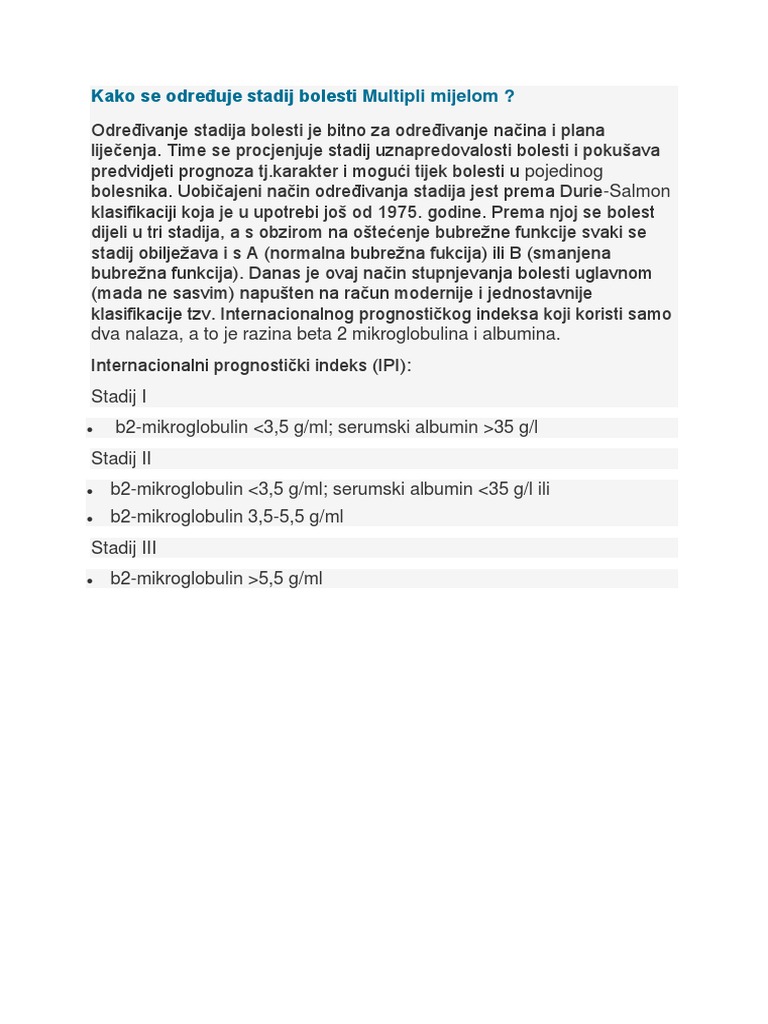Kako Se Određuje Stadij Bolesti Multipli Mijelom | PDF