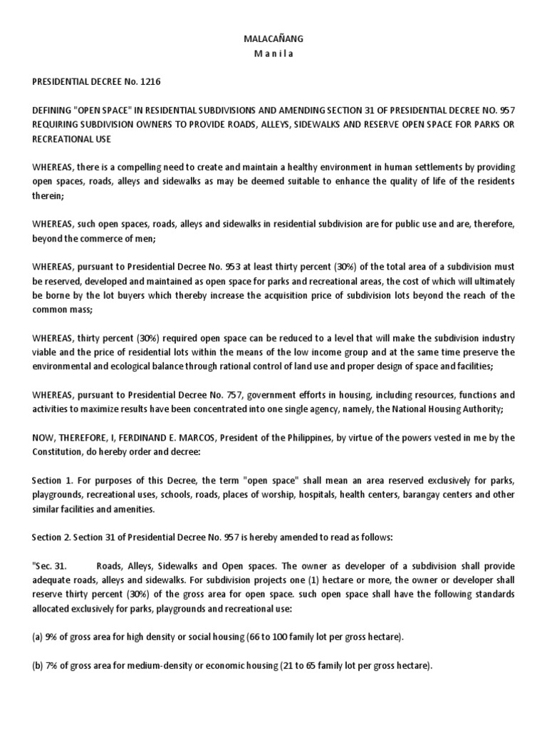 PD 1216 Defining Open Space in Residential Subdivisions | PDF | Parks ...