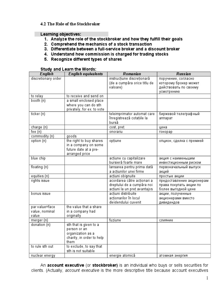 4.2 The Role of The Stockbroker | PDF | Order (Exchange) | Stocks