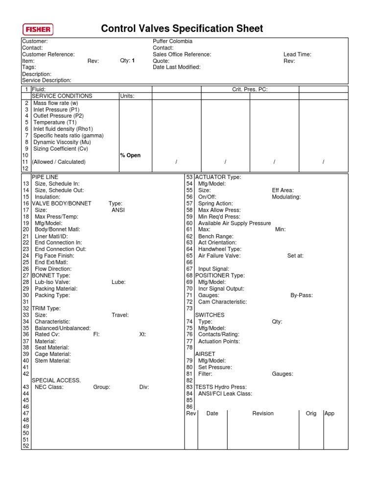 Control Valves Specification Sheet PDF | Valve | Gas Technologies
