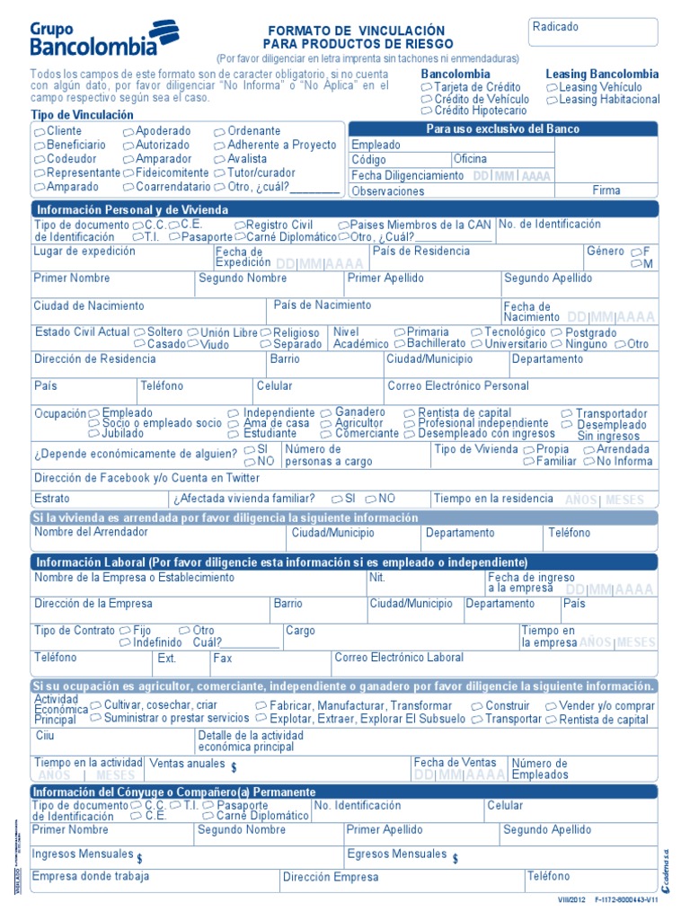 Formulario de credito bancolombia | Tarjeta de crédito | Tarjeta de débito