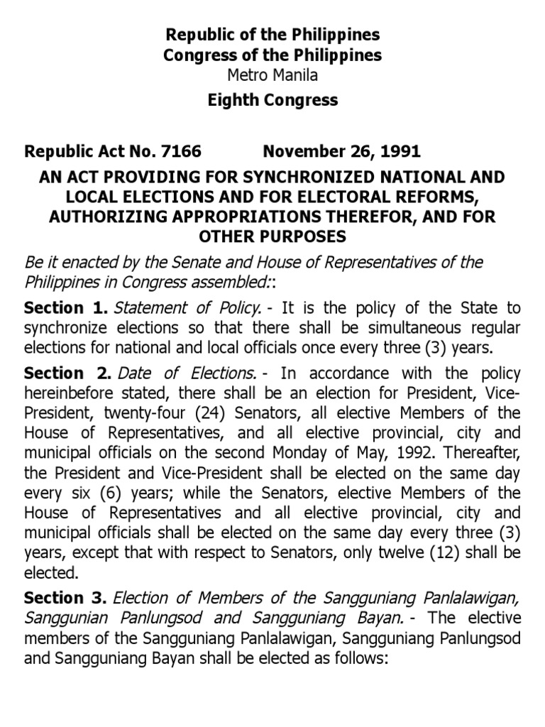 H. Ra 7166 Synchronized National and Local Elections and For Electoral ...