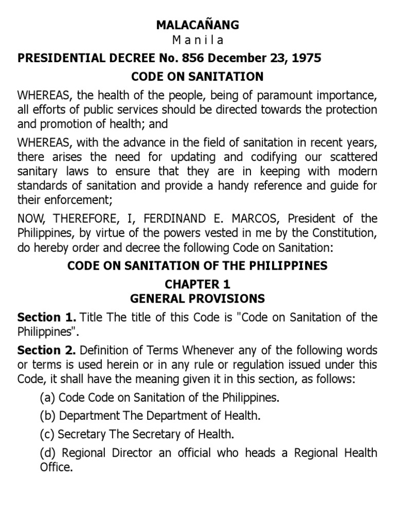 Code on Sanitation of the Philippines: Establishing Standards for Water ...