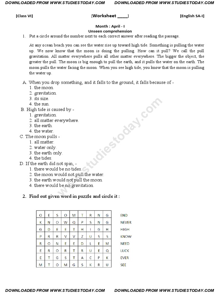 CBSE Class 6 English Practice Worksheets | PDF | Moon | Tide