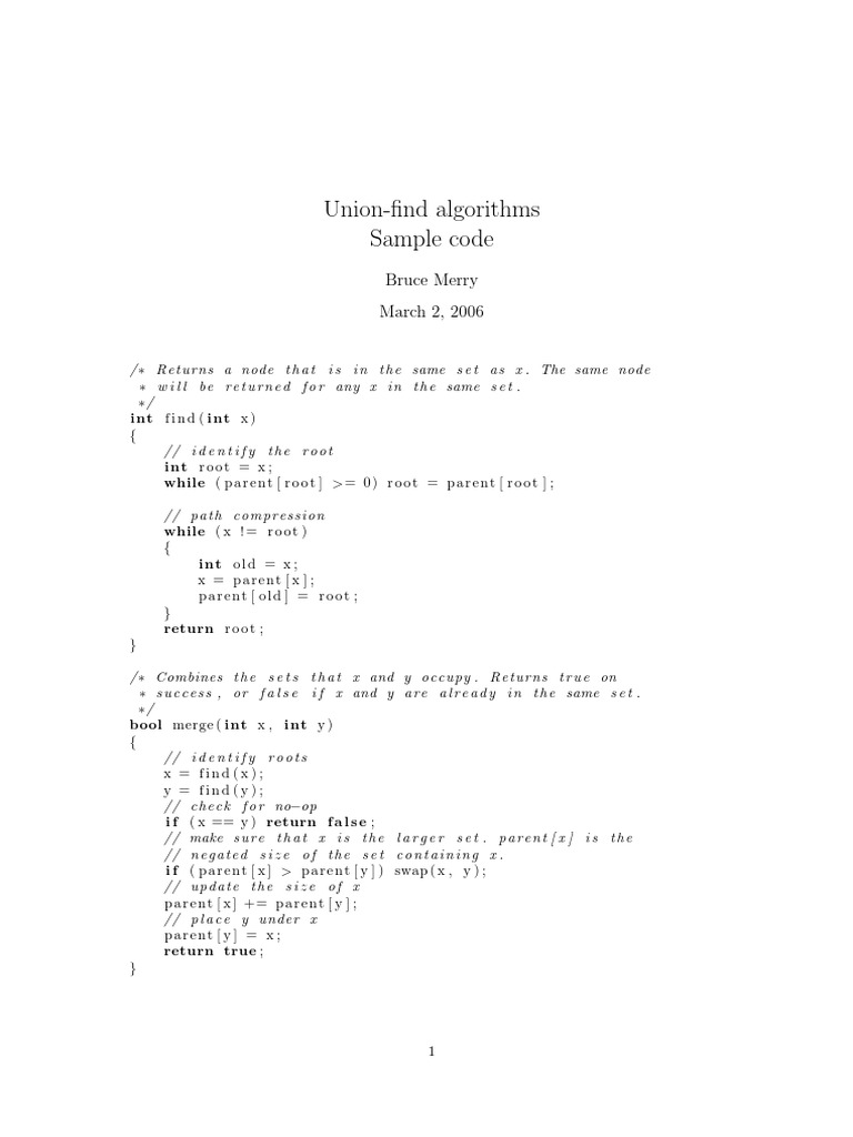 Union-Find Algorithms Sample Code: Bruce Merry March 2, 2006 | PDF ...