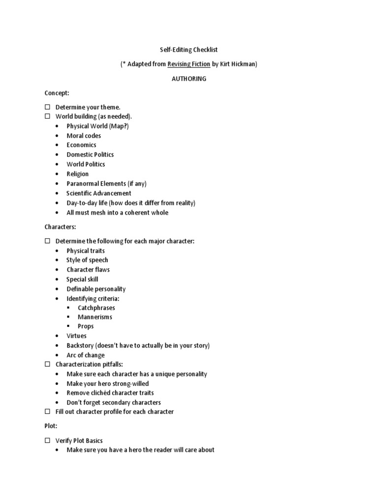 Authoring Self Editing Checklist | PDF | Young Adult | General Fiction