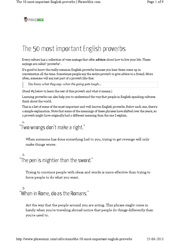 The 50 Most Important English Proverbs: "Two Wrongs Don't Make A Right ...