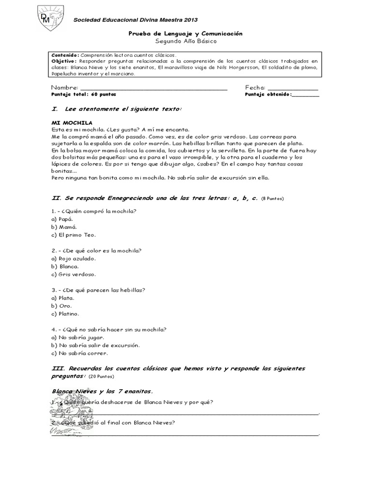 Prueba Cuentos Clásicos SEGUNDO BÁSICO | PDF | Ciencias sociales | Arte