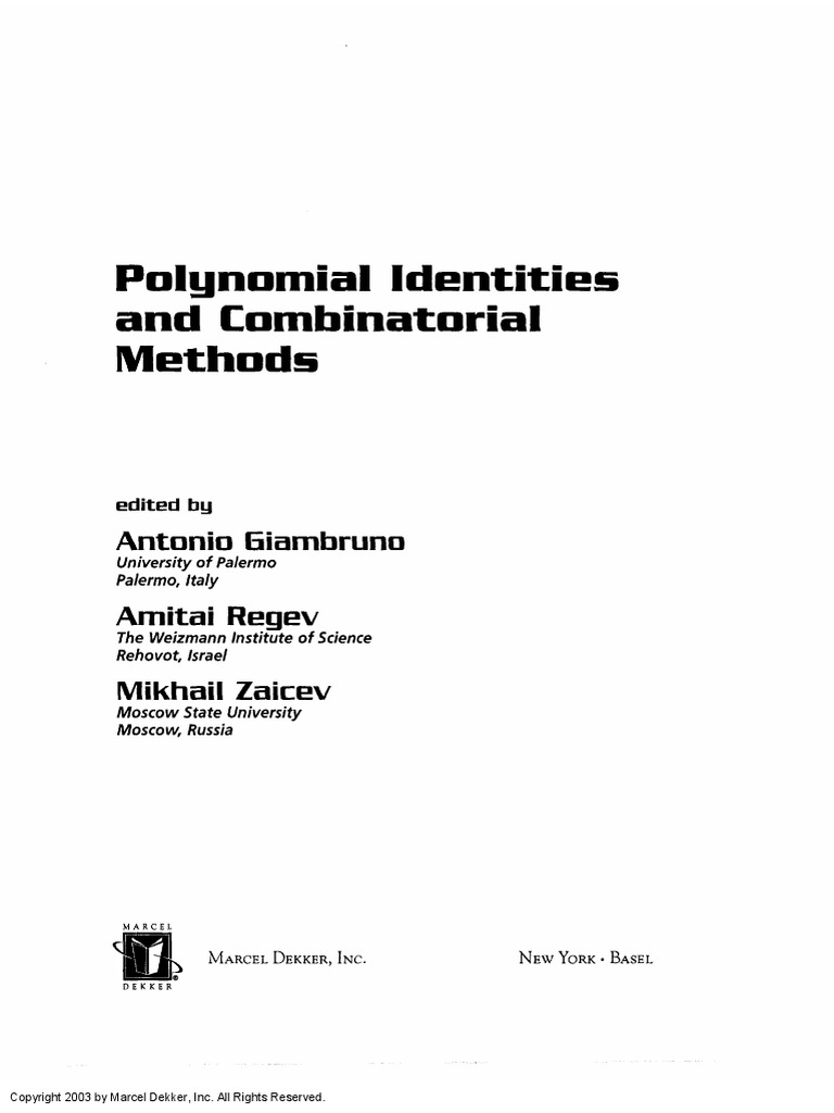 Polynomial Identities and Combinatorial Methods | PDF | Ring (Mathematics) | Ring Theory