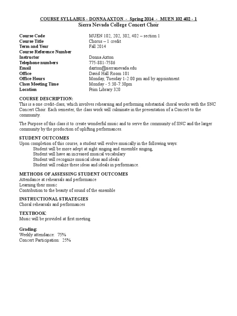 SNC Concert Choir Syllabus Spring 2014 | PDF | Vocal Music | Academia