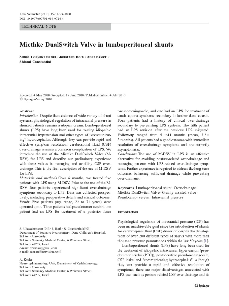 Miethke DualSwitch Valve in Lumboperitoneal Shunts | PDF ...