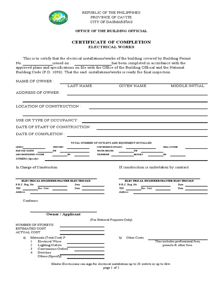 Certificate of Completion: Electrical Works | PDF
