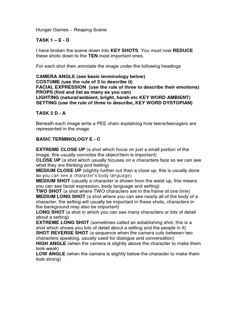 Hunger Games - Reaping Scene YR10 | PDF